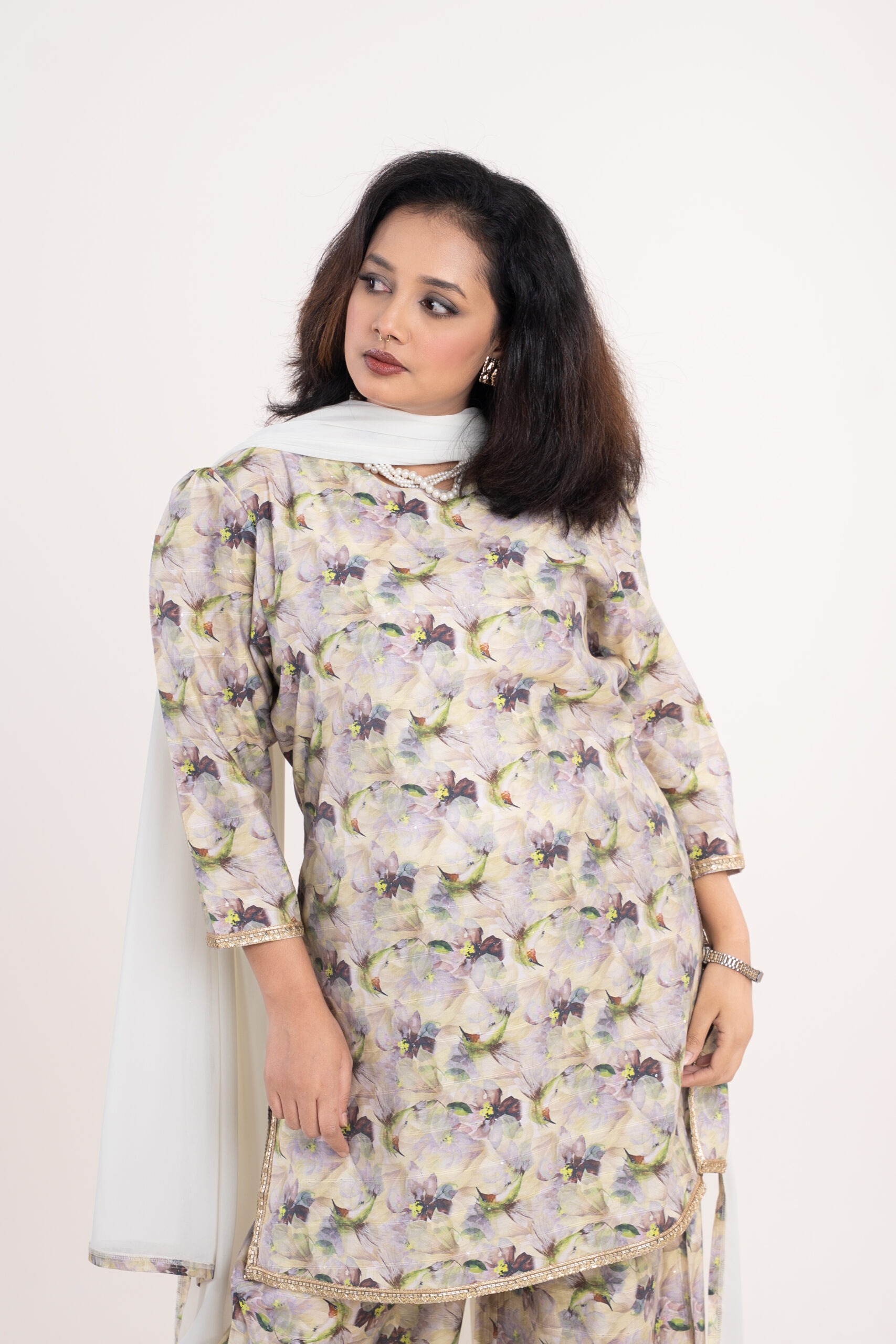 Pastel Floral Three Piece Outfit for Women Featuring Printed Kurti ...