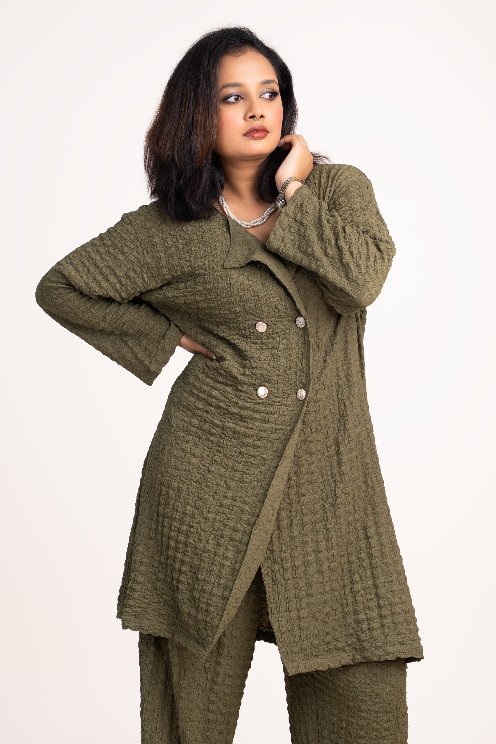 Modern Olive Green Textured Co-Ord Set for Women Featuring Double ...