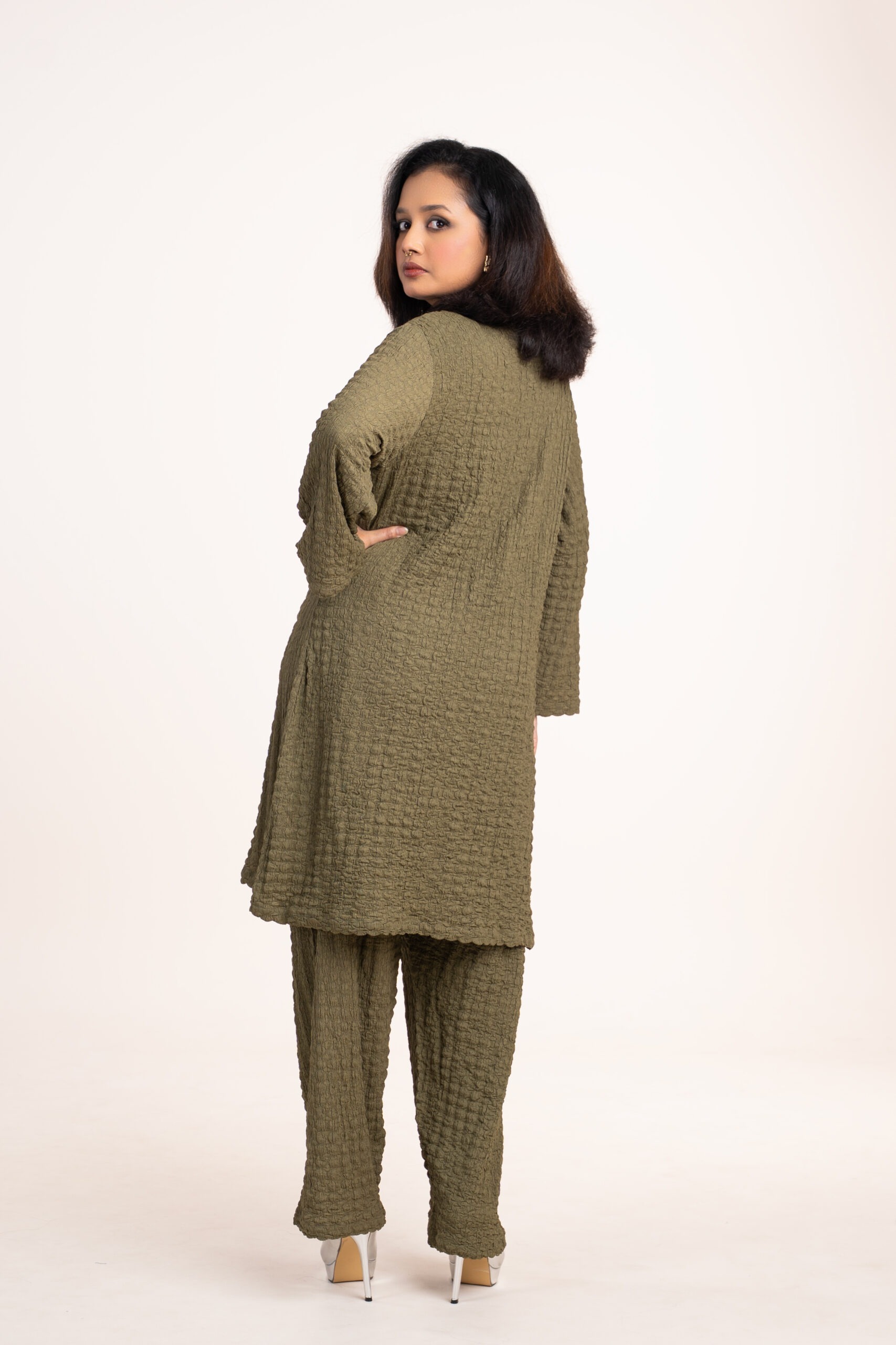 Modern Olive Green Textured Co-Ord Set for Women Featuring Double ...